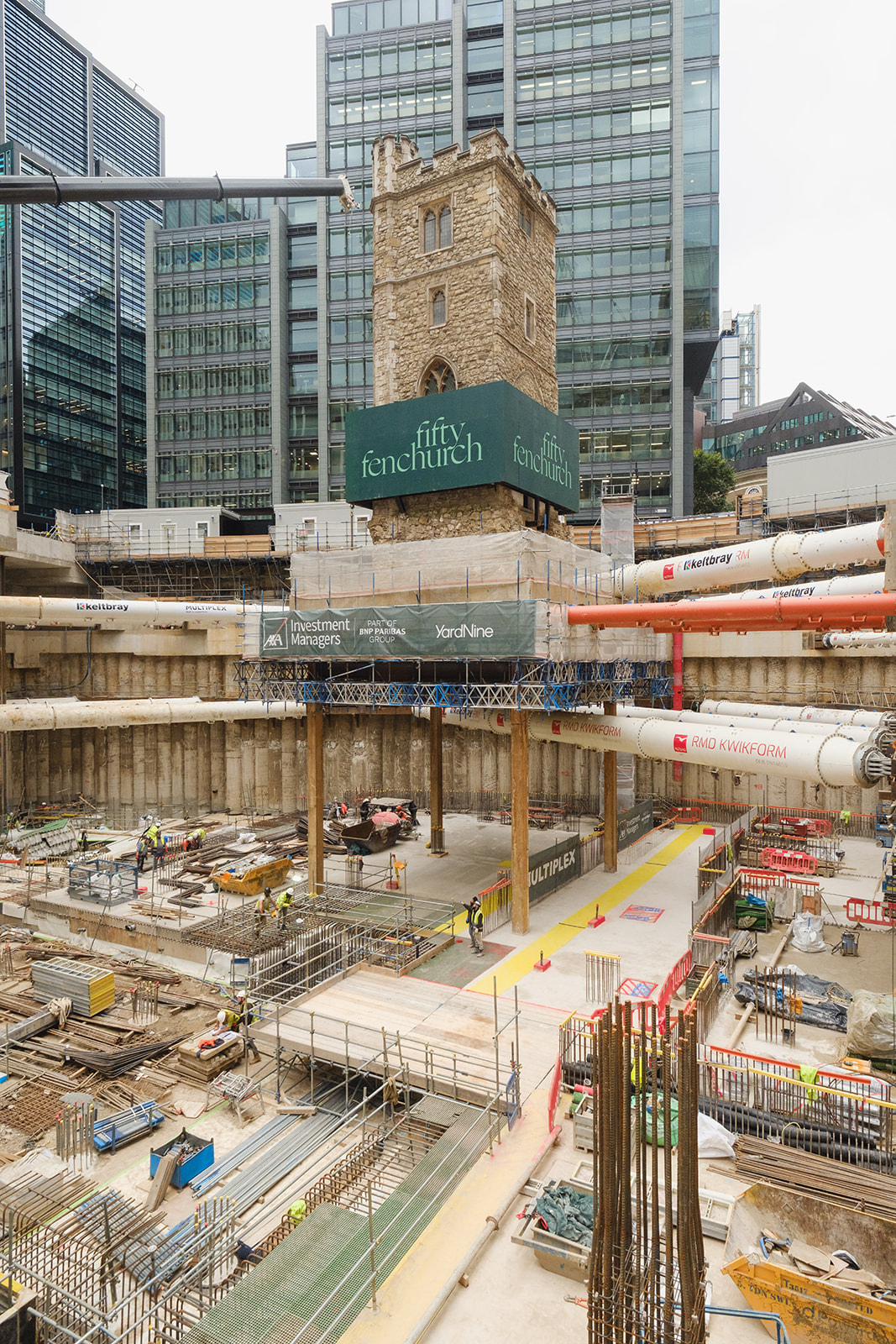 Medieval church tower suspended 14m above ground at City high-rise site ...